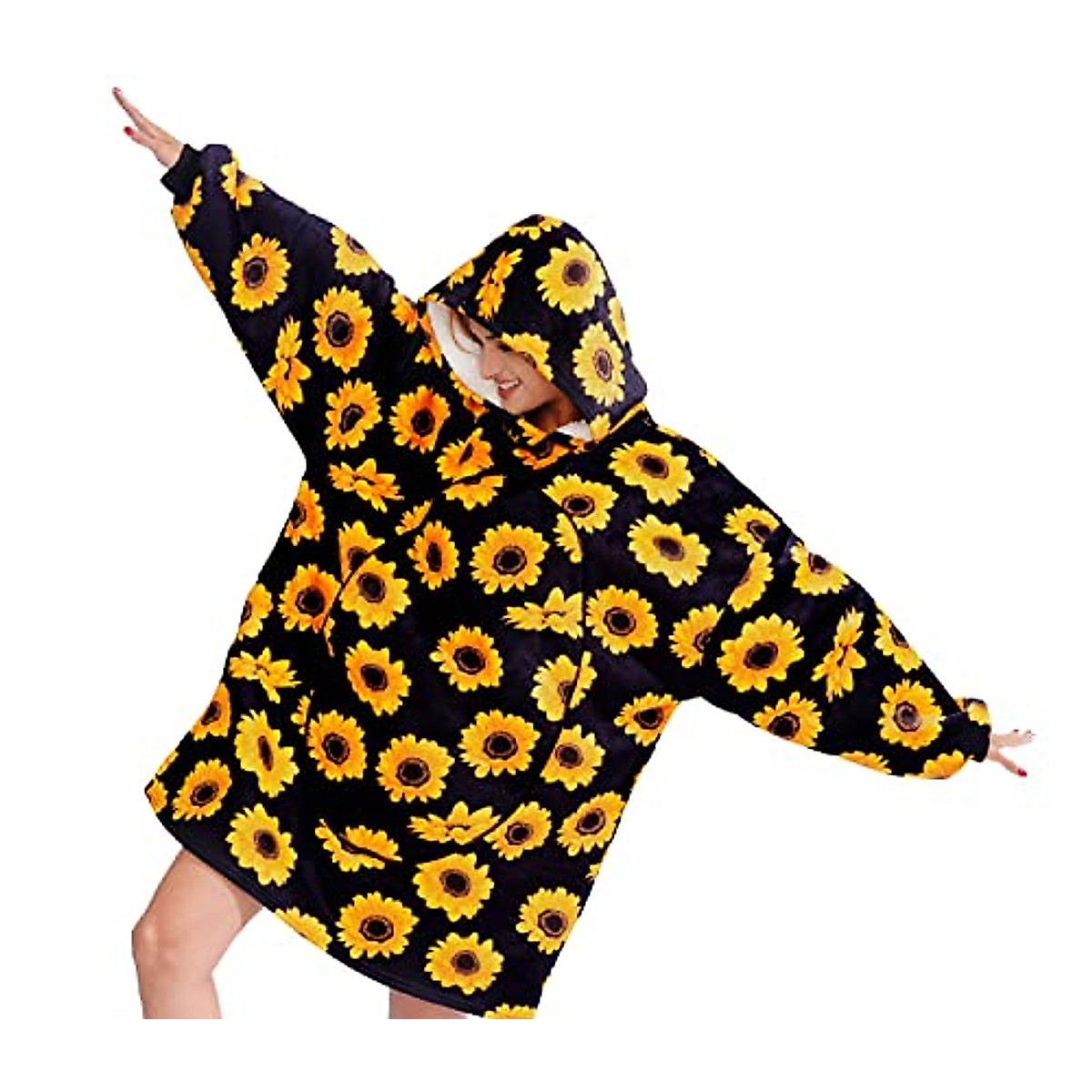 vavalad Sunflower Wearable Blanket Sweatshirt Sherpa Oversized Hoodie TV-Blanket with Sleeves and Pockets for Adults Men Women Teens One Size Fits All
