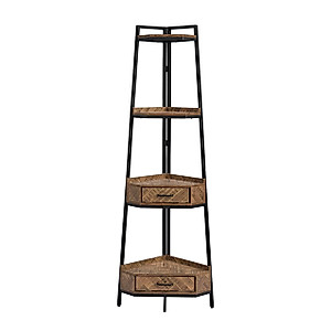 ELzEy Corner Shelf with Two Drawers Tall 4-Tier Industrial Bookcase Black