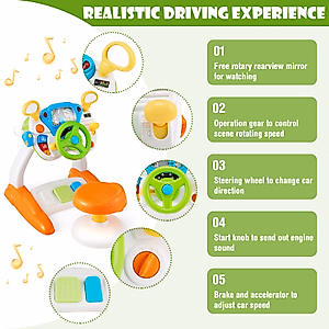 Costzon Steering Wheel Toy, Pretend Play Driving Simulated Toy w/Light and Music, Cyclic Rotary Scene, Siren Sounds, Walkie-Talkie, Stool, Interactive Learning Educational Toy for Toddler Boys Girls