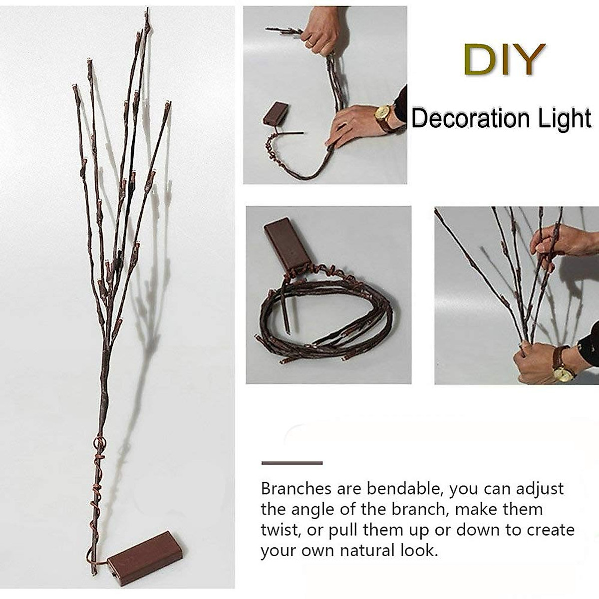 DK177 2 Pack Led Branch Light Battery Operated Lighted Branch Vase Filler Willow Tree Artificial Little Twig Power Brown 30 Inch 20 LED for Home Romantic Decoration, Warm White