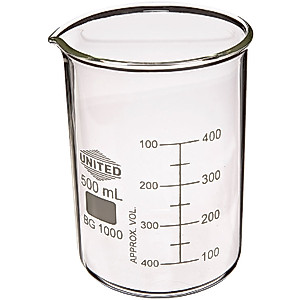United Scientific BG1000-500 Borosilicate Laboratory Grade Glass Beakers, Griffin Low Form Beaker, Graduated with Spout, Designed for Laboratories & Chemistry Classrooms, 500mL, Pack of 6