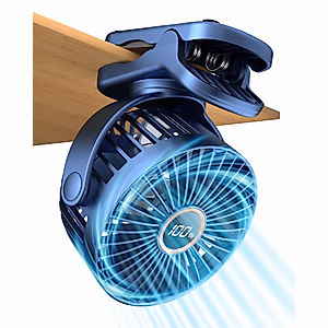 buywoo Portable Desk Fan, Battery Powered Stroller Fan With Strong Clamp Grip, 360° Rotation, 3-Speed & LED Display, Small Rechargeable Personal Clip On Fan For Bedroom, Office, Gyms, Blue