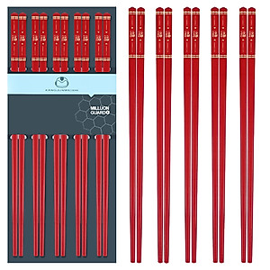 5 Pairs Chinese Chopsticks Reusable Fiberglass Dishwasher Safe, 9.6 inch/24.3cm Matte Non-Slip Family/ Hotel/ Restaurant Japanese Chop Sticks, Christmas&New Year Chopstick Gift, Traditional Red