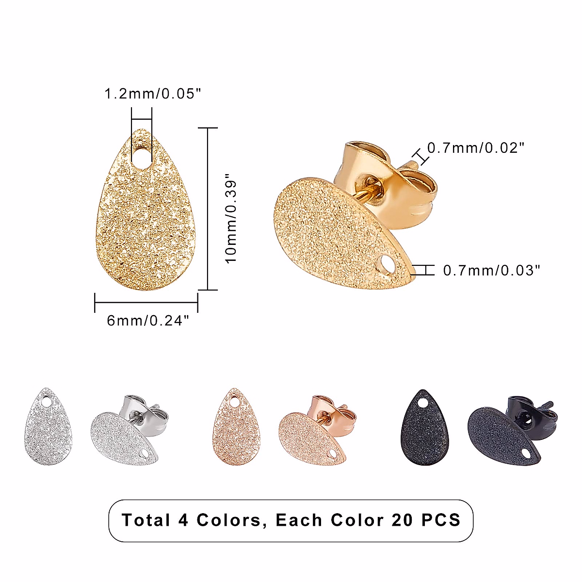 UNICRAFTALE About 80pcs Vacuum Plating 304 Stainless Steel Hypoallergenic Stud Earring Findings,Neutral Style with Texture, Teardrop Shape, 4 Color Mixed Earring Set