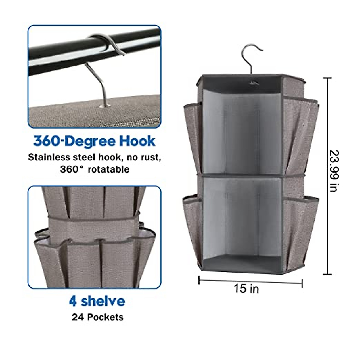 Libeder 2-Tier Rotating Closet Organizer, Hanging Closet Organizers and Storage with 12 Pockets, Closet Hanging Shelf Organizer, Shoe Organizer for Closet Small Space, Grey