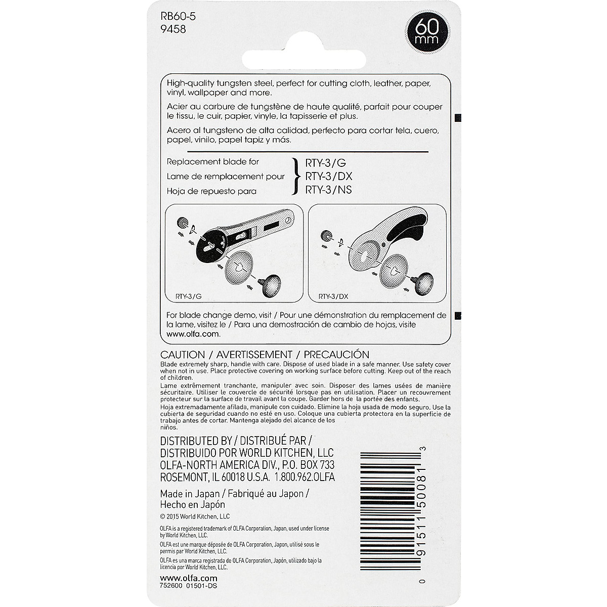 OLFA 60mm Rotary Cutter Replacement Blades, 5 Blades (RB60-5) - Tungsten Steel Circular Rotary Fabric Cutter Blade for Crafts, Sewing, Quilting, Fits Most 60mm Rotary Cutters