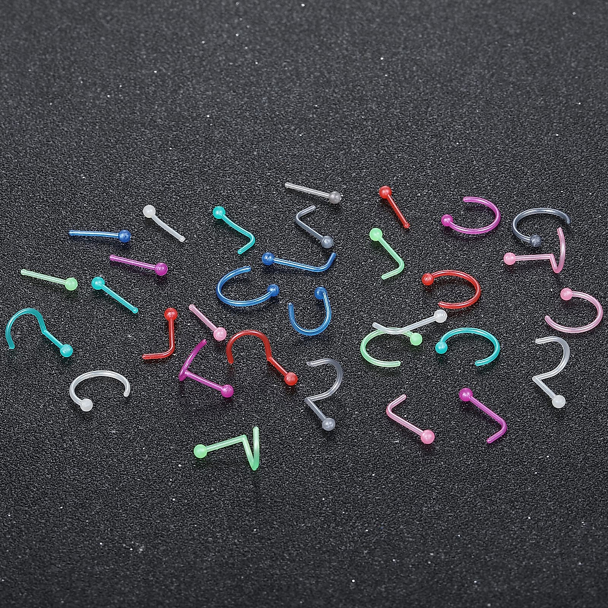 Oveta 32PCS Clear Nose Rings Studs for Work 20G Nose Piercing Retainer, Colorful Plastic Nose Stud L Shaped Bone Screw Nostril