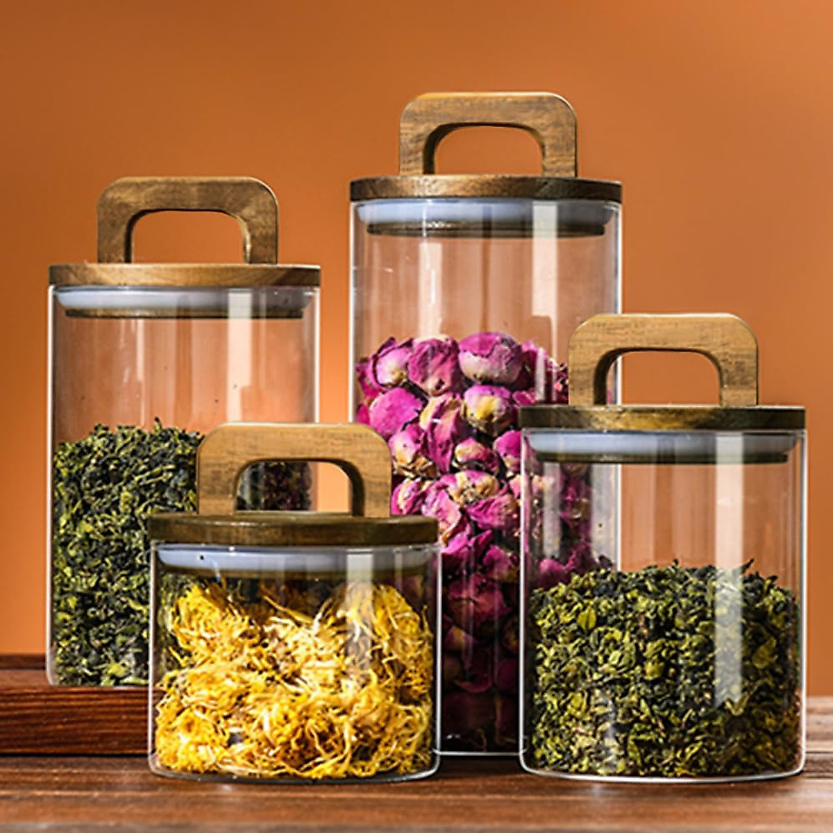 Glass Food Storage Containers, Clear Decorative Organizer Bottle Canister Pantry Jar with Air Tight Wooden Lid, Glass Jar With Lid for Coffee Bean Candy Cookie Noodles Nuts Spices etc, 27oz/800ml