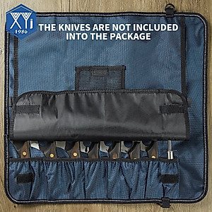 Authentic XYJ Since 1986,Chef Knife Bag With Shoulder Strap,8 Slots Roll Bag,Travel Camping Storage Carry Case,Oxford Cloth Portable Pockets Bag Holds Kitchen Knives Tools Set (XYJ Blue)