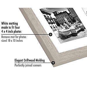 Americanflat 10x10 Collage Picture Frame in Driftwood - Displays Four 4x4 Frame Openings - Engineered Wood Square Picture Frame with Shatter Resistant Glass, and Includes Hanging Hardware for Wall