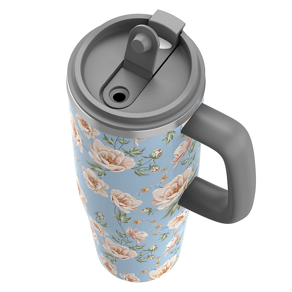 40 oz Insulated Tumbler for Women, Birthday Gifts for Women, Personalized Leakproof Tumblers with Flower, Double-Wall Vacuum Travel Mug with Handle Stainless Steel Straw and silicone sleeves (Blue)