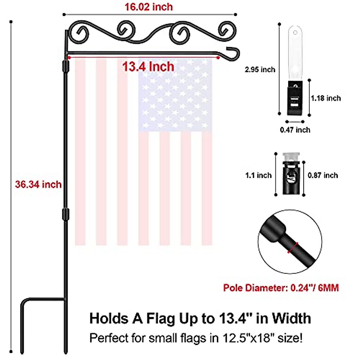 Garden Flag Pole Stand Holders, BONWIN Thickened Flagpole Stands for Garden Yard Lawn Flags, Powder Coated Weather-Proof Paint Metal with Spring Stoppers & Anti-Wind Clip, 36.34" H x 16.02" W (2 PACK)