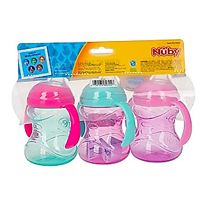 Nuby 3 Piece No-Spill Grip N’ Sip Silicone Cup with Soft Flex Spout, 2 Handle with Clik It Lock Feature, Girl,10 Ounce, Light Pink, Bright Pink, Purple, Aqua Light Pink, Bright Pink, Purple, Aqua