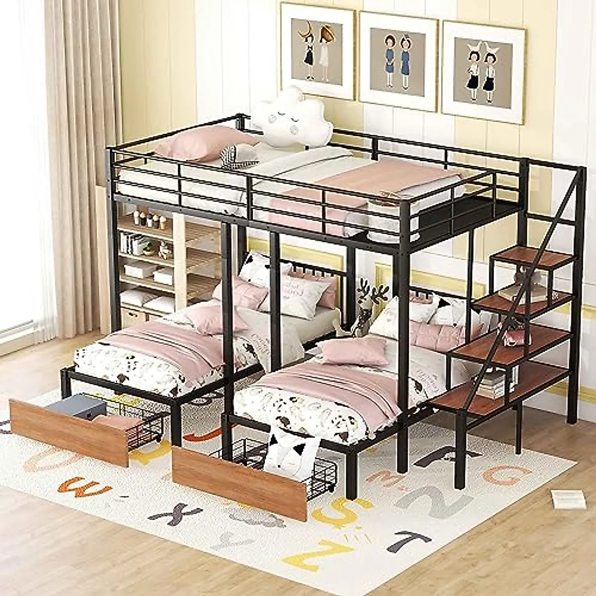 ATY L-Shaped Triple Bunk Beds with 2 Drawers, Full Over Twin & Twin Bunkbeds w/Storage Staircase, Metal Bedframe for 3 People, Save Space, Bedroom & Dorm Supplies, No Spring Required Needed, Black