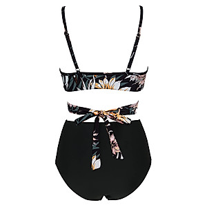 SUUKSESS Women High Waisted Bikini Criss Cross Swimsuits Push Up Bathing Suits (L, Retro Floral Black)