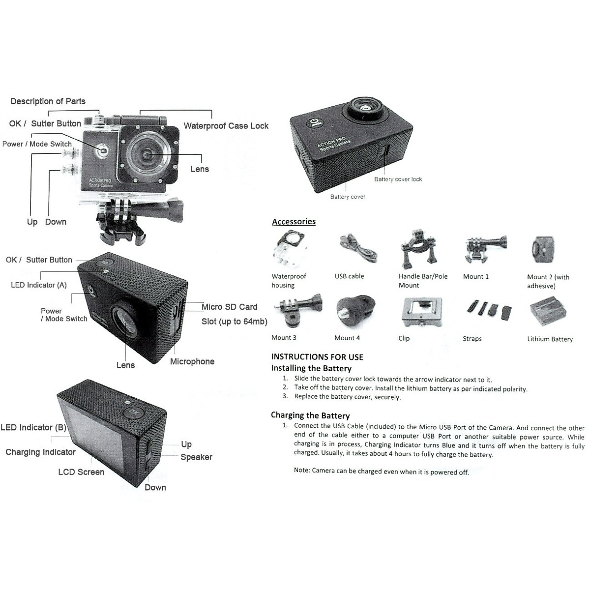 GUERILLA PRO3000 Sports Action Camera, GUERILLA Pro Series 12 MP Full HD 1080P Action Camera, Warerproof 120 Degree Wide Angle Lens 2.0inch LCD, Include Accessories