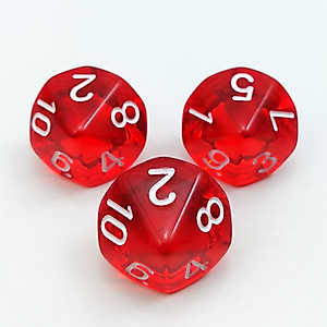 Bescon Polyhedral 10 Sides Dice with Number 1-10, Red Transparent 10 Sided Dice, 10 Sides Cube 1-10, 10pcs Set