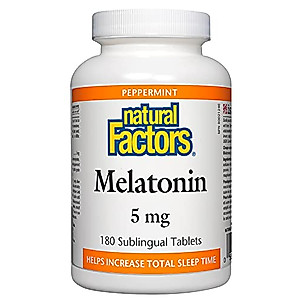 Stress-Relax Melatonin 5 mg by Natural Factors, Natural Sleep Aid, Resets the Sleep-Wake Cycle, 180 chewable tablets (180 servings), Peppermint Flavor