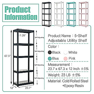 Lomani 5-Shelf Adjustable Utility Shelf, Storage Rack, Organizer Shelf, 5-Tier Storage Shelf, Book Shelf-White