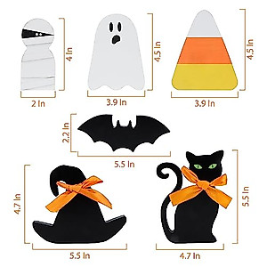 Halloween Table Decor, 6 PCS Halloween Decorations for Home, Free Standing Wooden Signs with Witch's Hat, Black Cat, Mummy, Ghost, Bat, Candy Corn for Tiered Tray, Desk and Mantle
