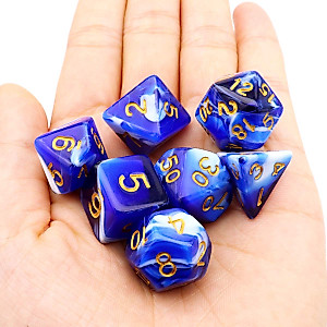 Haxtec Blue White DND Dice Set Swirl Polyhedral D&D Dices for RPG Dungeons and Dragons