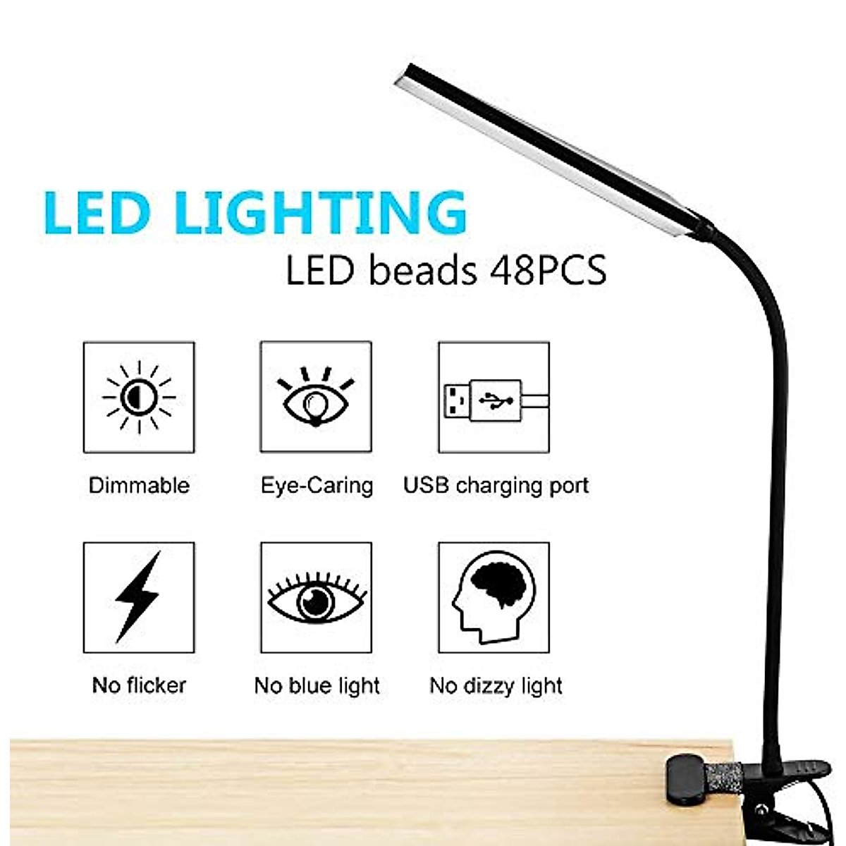 RAOYI LED Desk Lamp, 5W USB Clip on Light Eye-Caring Reading Clamp Table Lamp with 48 LEDs Flexible Gooseneck, 3 Color Modes and 14 Brightness Levels for Office Bedroom Study (Black)