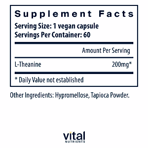 Vital Nutrients L-Theanine 200mg | Vegan Supplement | L Theanine Supplement Supports Normal Stress Levels and Cognitive Function* | Gluten, Dairy and Soy Free | 60 Capsules