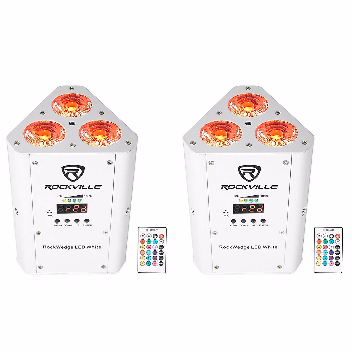 2 Rockville RockWedge LED RGBWA+UV Rechargeable Wireless DMX White Par Up-Lights