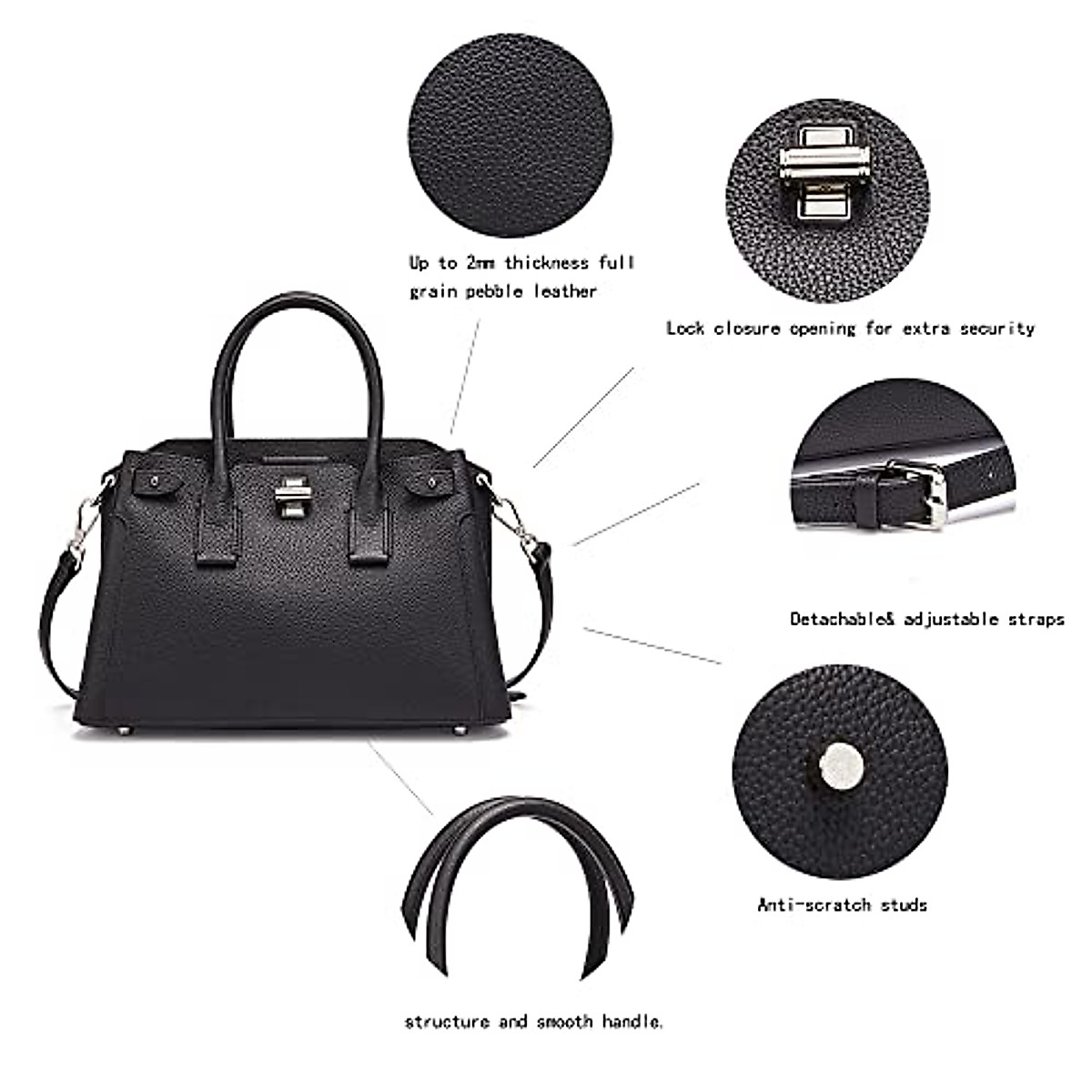 Leather Satchel Handbags For Women Medium Top Handle Shoulder Purse With Straps (Black)