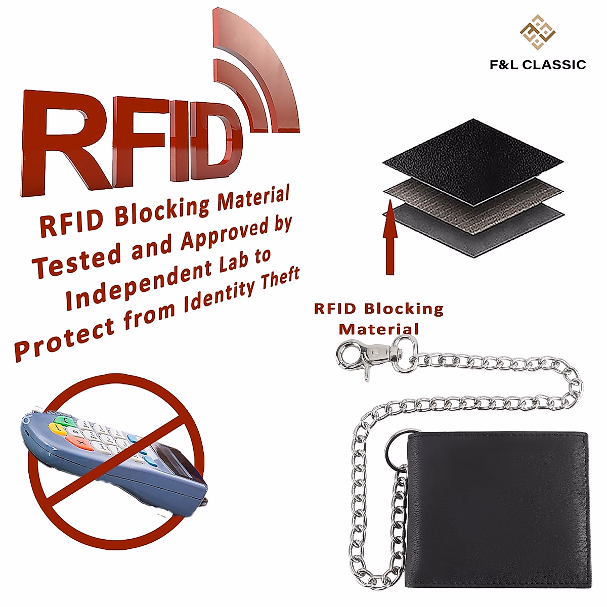 F&L CLASSIC RFID Blocking Mens bi-fold Style Cowhide Leather Steel Chain Wallet, texas black