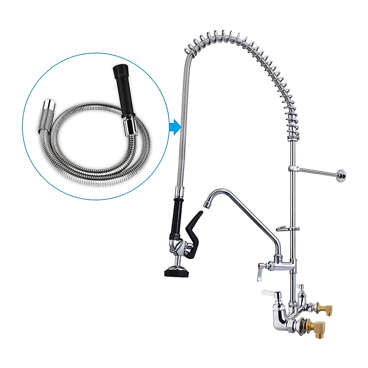 COOLWEST 44 Inch Pre-Rinse Hose Flexible Stainless Steel Hose with Heat Resistant Black Handle for Commercial Sink Faucet Dish Sprayer Hose Replacement Parts