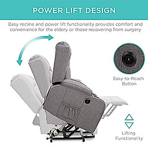 Best Choice Products Electric Power Lift Linen Recliner Massage Chair, Adjustable Furniture for Back, Lumbar, Legs w/ 3 Positions, USB Port, Heat, Cupholders, Easy-to-Reach Side Button - Gray