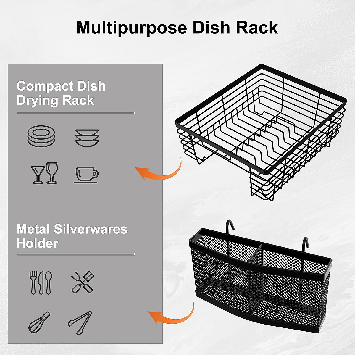 TQVAI Kitchen Dish Drying Rack Metal Dish Drainer with Full-Mesh Silverware Utensils Basket Holder, Black