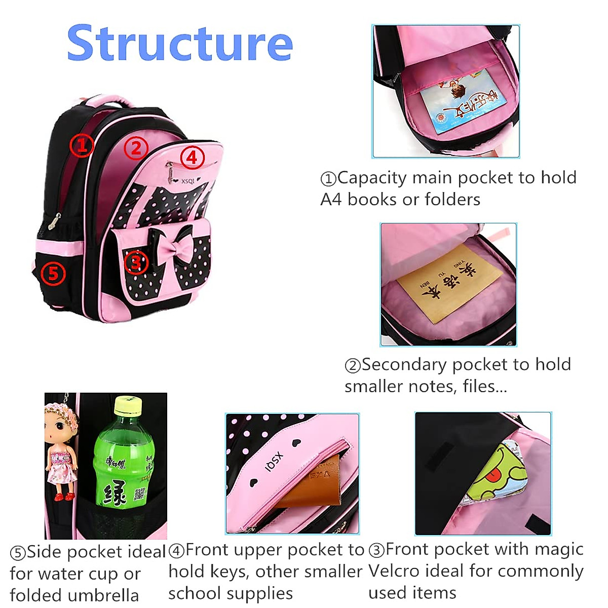Bowknot Kids Rolling School Backpack 2Pcs Polka Dot Princess Style Trolley Bookbag on Six Wheels