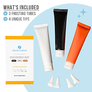 Sweets Indeed - Halloween Frosting Set - 3 Pack - 3.5 ounce tubes - Black Orange White - 4 nozzles included - Holiday Frosting - Cookie Decorating Kit - 10.58 oz