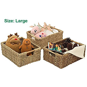 Large Wicker Storage Basket with Wooden Handles, Seagrass Baskets for Shelves, Natural Basket with Handle