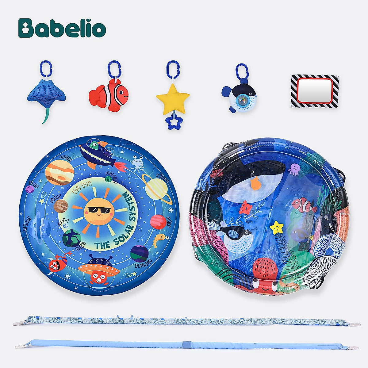 Babelio Baby Gym Mat & Tummy Time Water Mat 2 in 1, 3 Different Assembly Methods, 6 Activity Play Mat Toys, Sensory Development and Fun Experience for Infant, 33.5" x 33.5"