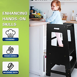 ECOMEX Standing Tower for Toddlers, Toddler Stool for Kitchen Counter Kids Kitchen Step Stool with Safety Rail Toddler Standing Tower with Adjustable Platform for Kitchen Counter, Classic Black
