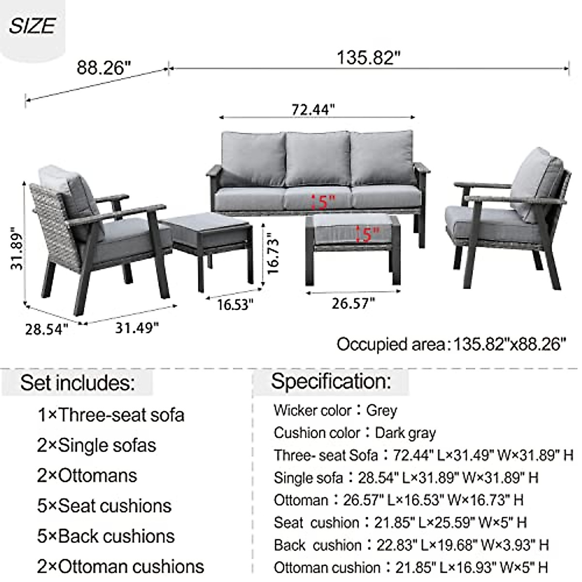 ovios Patio Furniture Set 5 PCS All Weather Outdoor Wicker Rattan Sofa Set with Ottomans High Back Sofa Thick Cushion Garden Backyard Porch (Dark Grey)