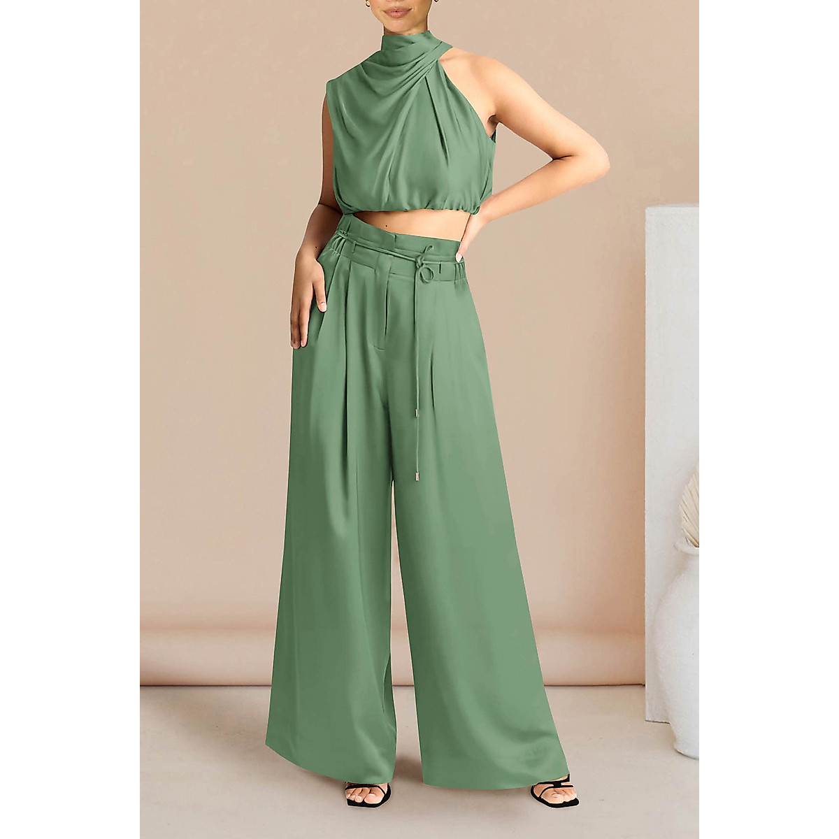 PRETTYGARDEN Women's 2 Piece Outfits 2024 Summer Casual Sleeveless Mock Neck Crop Tops Wide Leg Pants Set (Light Green,Large)