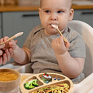 Baby Bamboo Suction Plate, Bowl and Spoon set - Wooden Feeding Set for Toddler 1-3 Year Old - Silicone Suction Sticks to Most High Chairs for Non Slip & Silicone Spoon Tips with Wood Handle - BPA Free