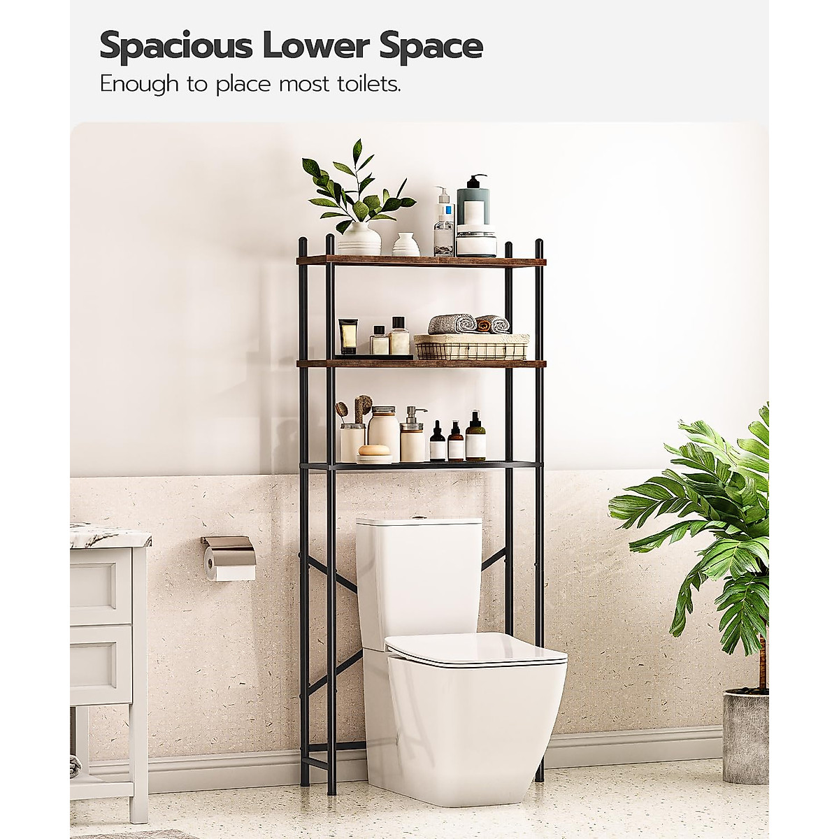 HOOBRO Over The Toilet Storage, 3-Tier Over Toilet Bathroom Organizer, Freestanding Above Toilet Shelf with Adjustable Feet, Space Saving, Easy to Assembly, Rustic Brown and Black BF63TS01