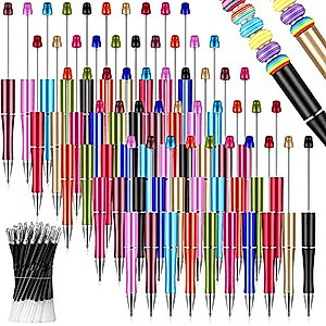 50 Pieces Plastic Beadable Pen Bulk Bead Ballpoint Pen Shaft Black Ink Beaded Pens with 50 Refills for DIY Making Gift Kids Students Office School Supplies (Bright Color)