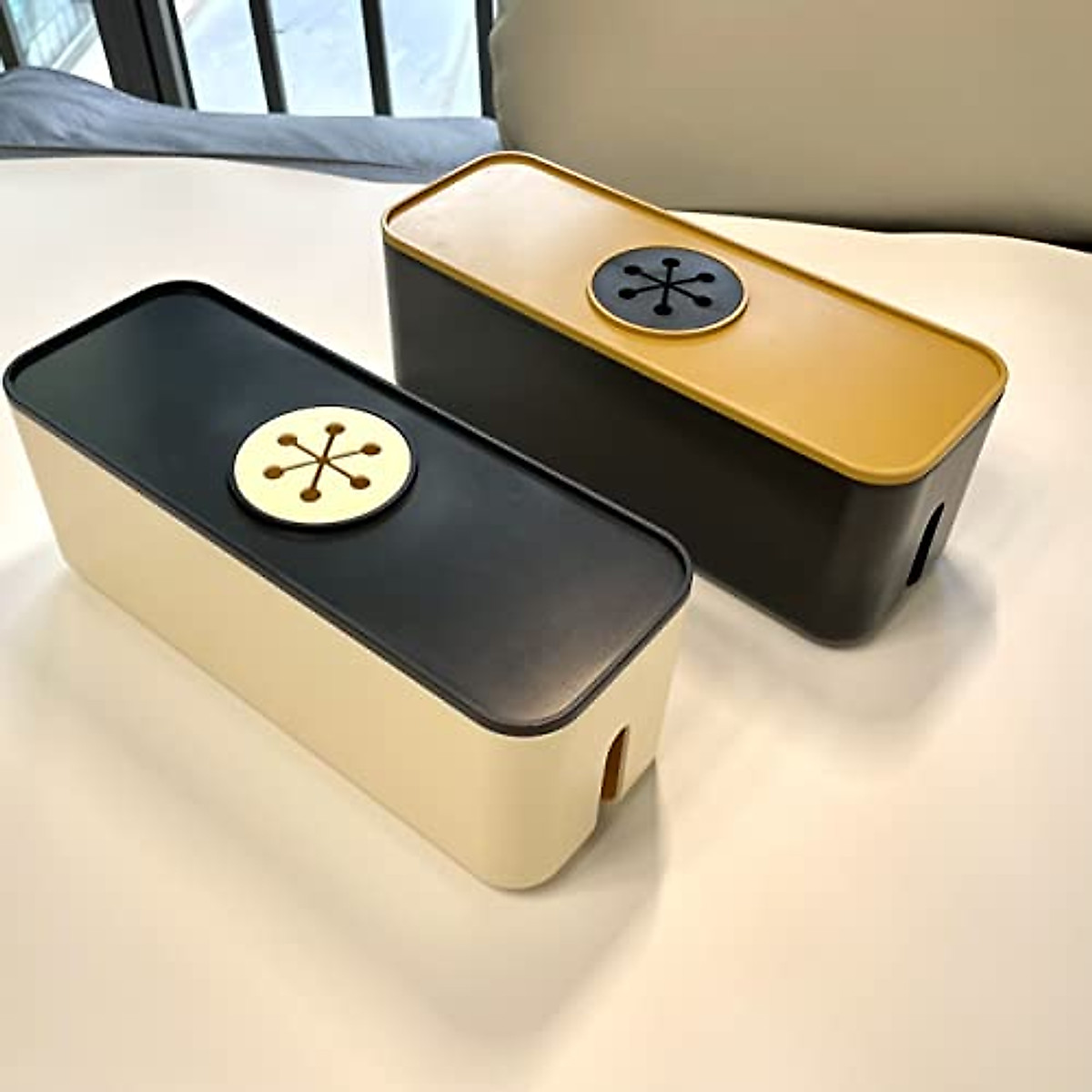 BUYSK Cable Management Box, Cord Organizer Box for Power Strip to Hide Cables on Desk or Floor, Made of Safe ABS Material Wires Keeper Holder (Off White)