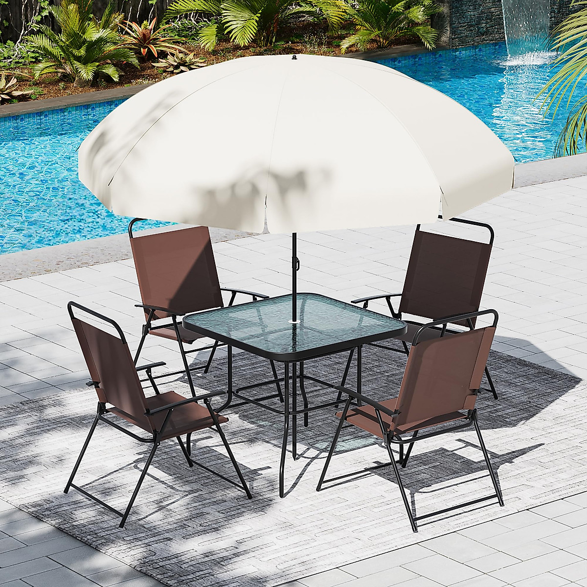 Amopatio Patio Dining Set for 4, Outdoor Table and Chairs with Umbrella, 4 Folding Dining Chairs & Glass Table for Lawn, Deck, Garden, Backyard, Deck, Brown, Patio Furniture Set