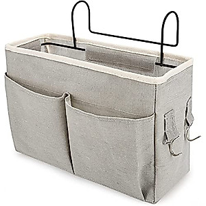 FYY Bedside Caddy, Bedside Hanging Organizer with 4 Pockets and 2 Hooks for Bunk and Hospital Beds, College Dorm Rooms Bed Rails, Can be Placed Bottle, Books, Mobile Phones, Tablets, Keys Grey