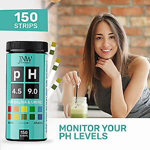 pH Test Strips for Urine and Saliva Testing (4.5-9.0) - Alkaline pH Strips with Ebook - pH Level Test Kit with Quick & Easy pH Testing Strips - Ultimate Acidity Test Kit - 150 Strips, JNW Direct