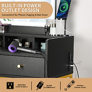 VOWNER Makeup Vanity Desk with Lighted Mirror, 3 Color Dimmable Vanity Table Set for Bedroom with Power Outlet, Drawer & Cushioned Stool, Black, VOWNER-172