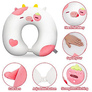 Mewaii Kids Travel Pillow, Cute Strawberry Cow Stuffed Animal Neck Pillow for Kids & Adults, Reversible Plush Squishy 2-in-1 Travel Plush Pillow for Airplane, Car, Train