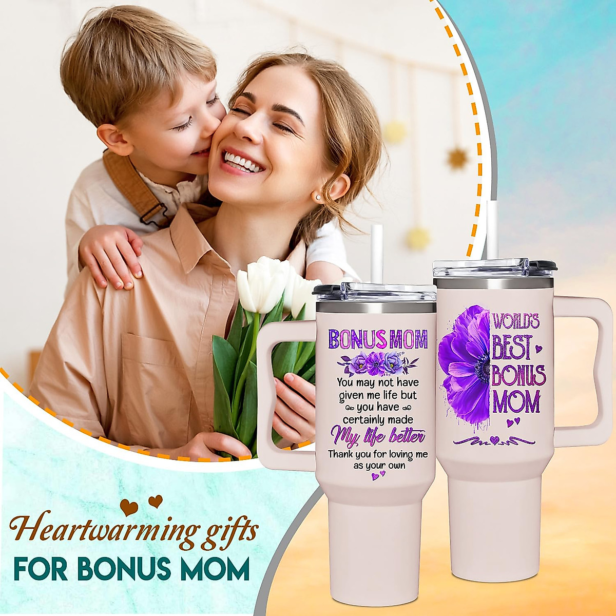 TAMUNBEE Best Bonus Mom Gifts From Daughter, Son - Birthday Gift For Bonus Mom - Stepmom Mothers Day, Christmas, Step mom Gifts Idea For Mother In Law, Stepmom Tumbler 40oz with Handle & Straw